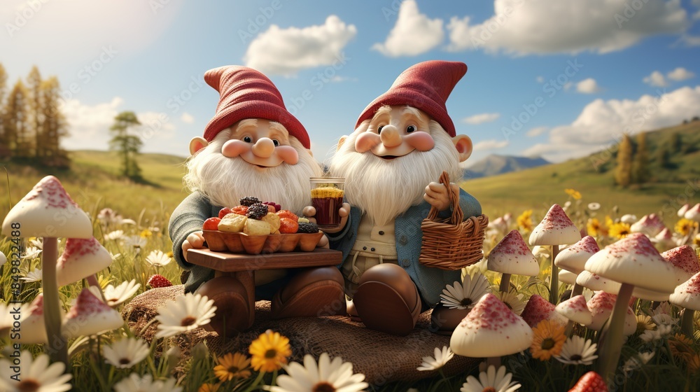 Gnomes having a picnic on a sunny meadow, enjoying a feast of ripe ...