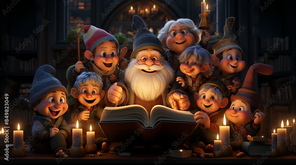 Gnome scholars gathered in a cozy library, pouring over ancient tomes ...
