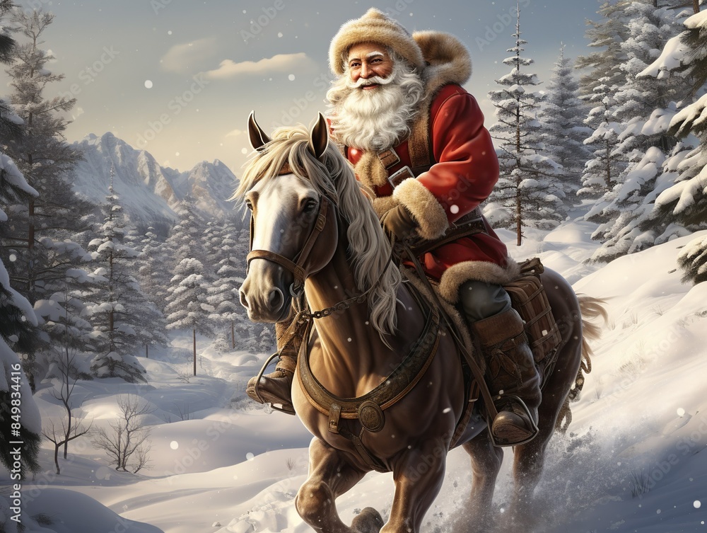 Santa Claus riding a horse through a snowy forest, with a sack of gifts ...