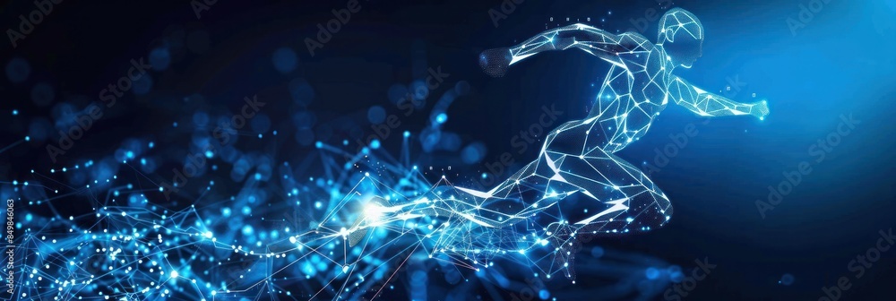 Sports and technology background. Abstract running man form lines and triangles, point ...