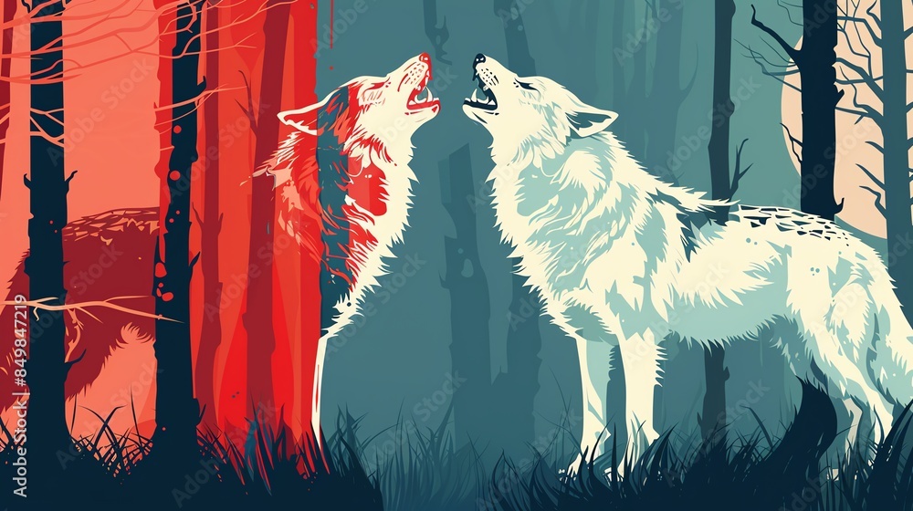 Wolf howling flat design side view forest theme cartoon drawing ...