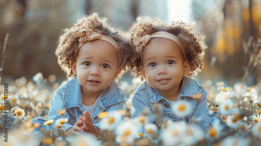 Two identical twins with flower headbands in denim, sitting and playing ...