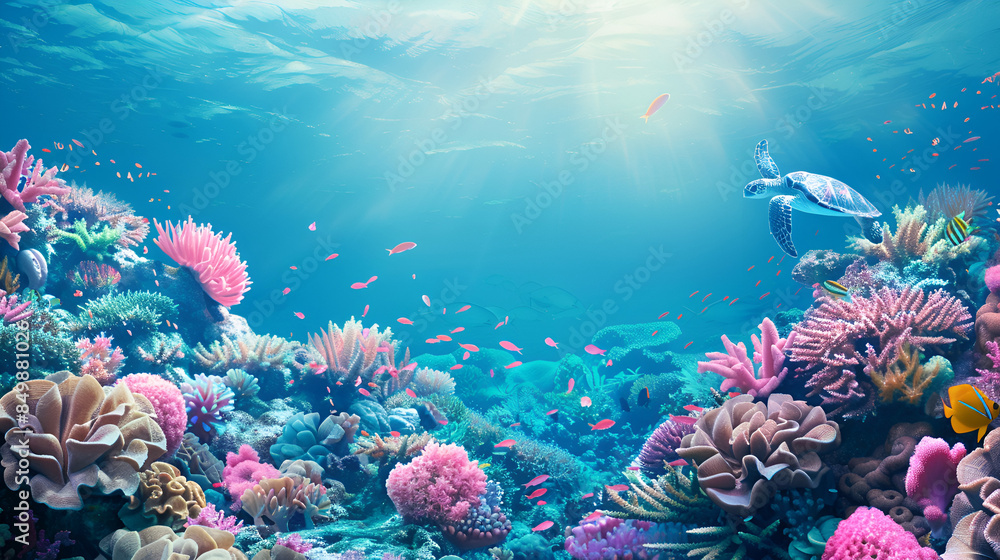 Colorful coral reef with many fishes and sea turtle, depicting vibrant ...