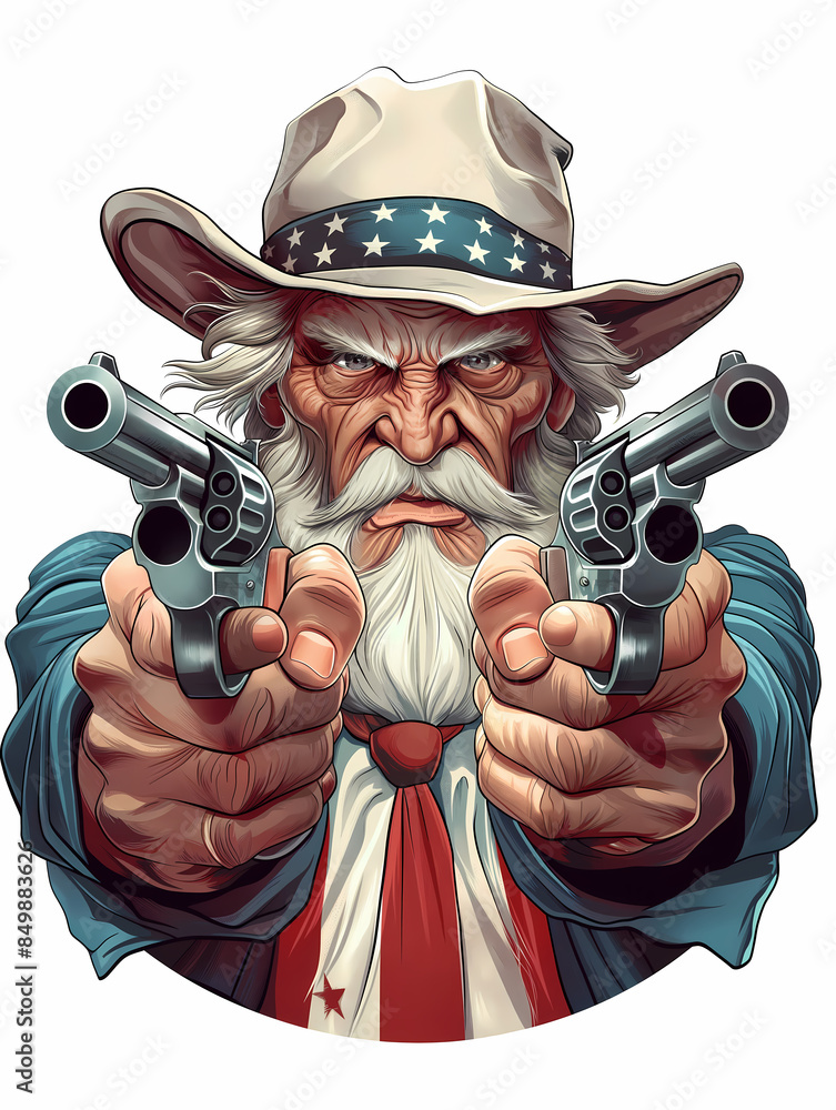 An angry Uncle Sam pointing two guns, on a plain white background, 4th ...