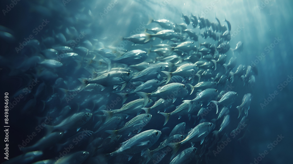 Large school of scad jamb fish underwater, illustrating the vibrant sea ...
