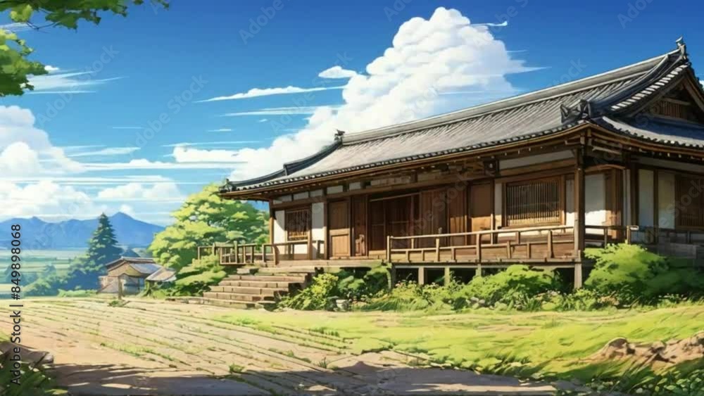 Anime scene depicting the exterior of a traditional Japanese house in ...