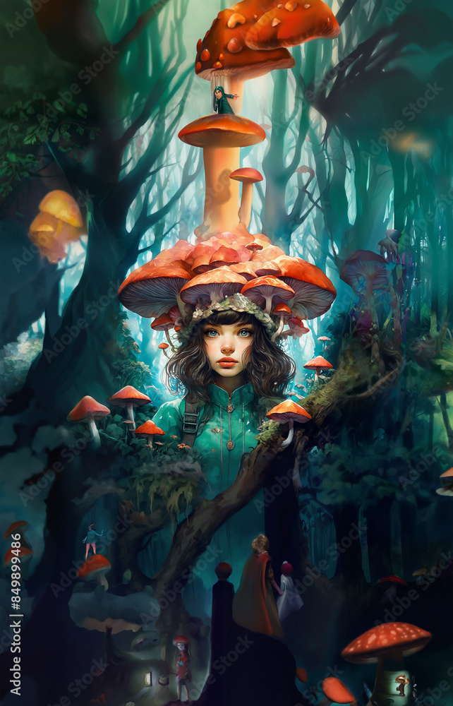fantasy forest, giant mushrooms, whimsical atmosphere, magical realism ...