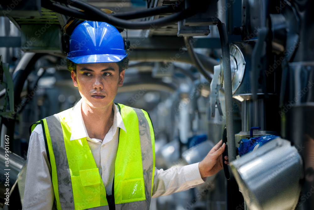A focused engineer wearing a safety vest and helmet inspects machinery ...