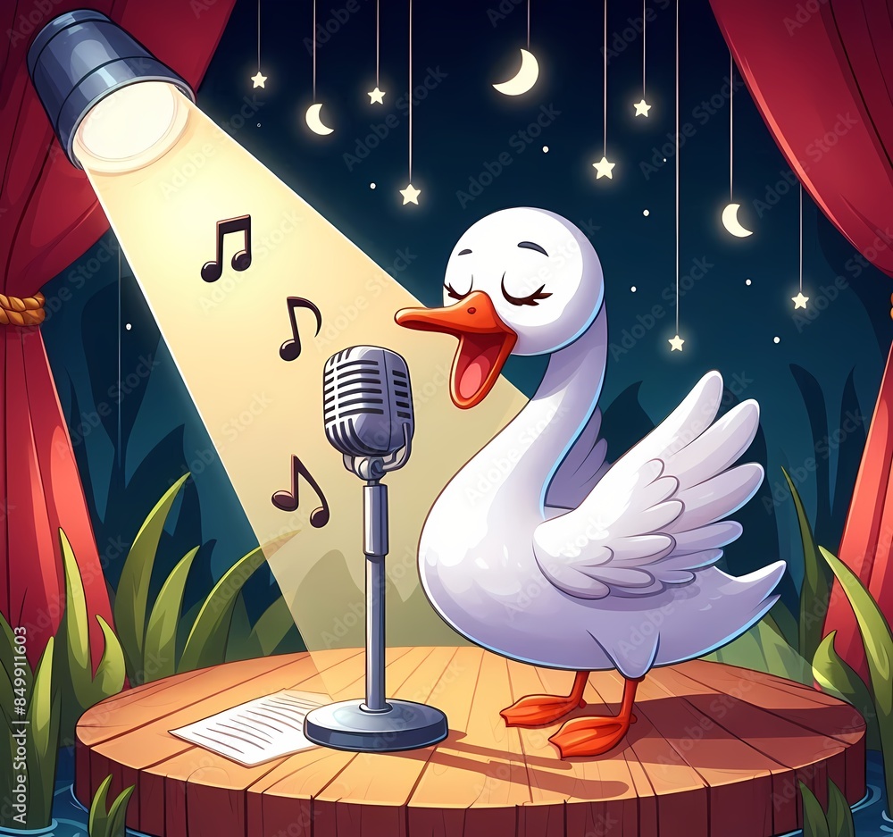Swan song, English idiom. A swan singing on a stage with a spotlight ...
