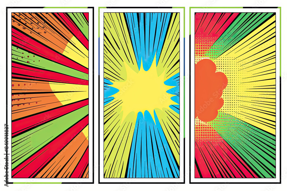 Vibrant comic template, retro style, bold outlines, varied shapes ...