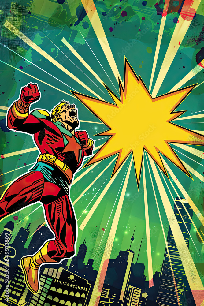 Comic panel, superhero mid-action, excited bubble, star-shaped, yellow ...