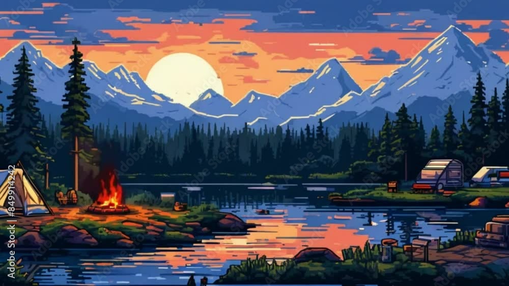 Pixel art camping with tents and bonfires, camping in the forest with ...