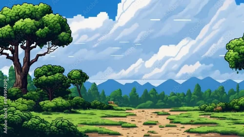 Pixel art arcade game scene with trees, clouds, board, stones, 8bit background. Tree and bush ...