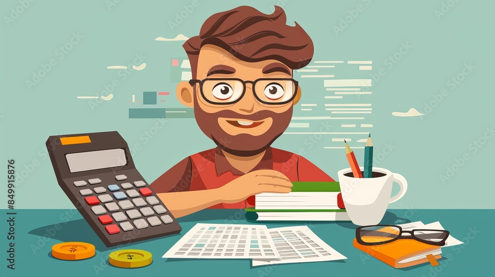Cartoon vector person calculating savings and expenses with a ...