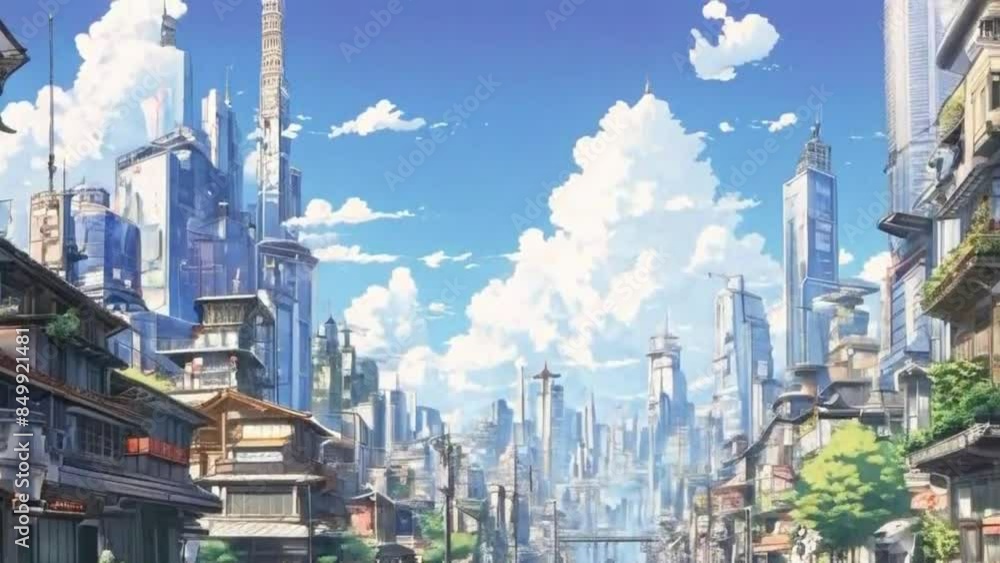 The anime cityscape is a stunning blend of traditional and modern ...