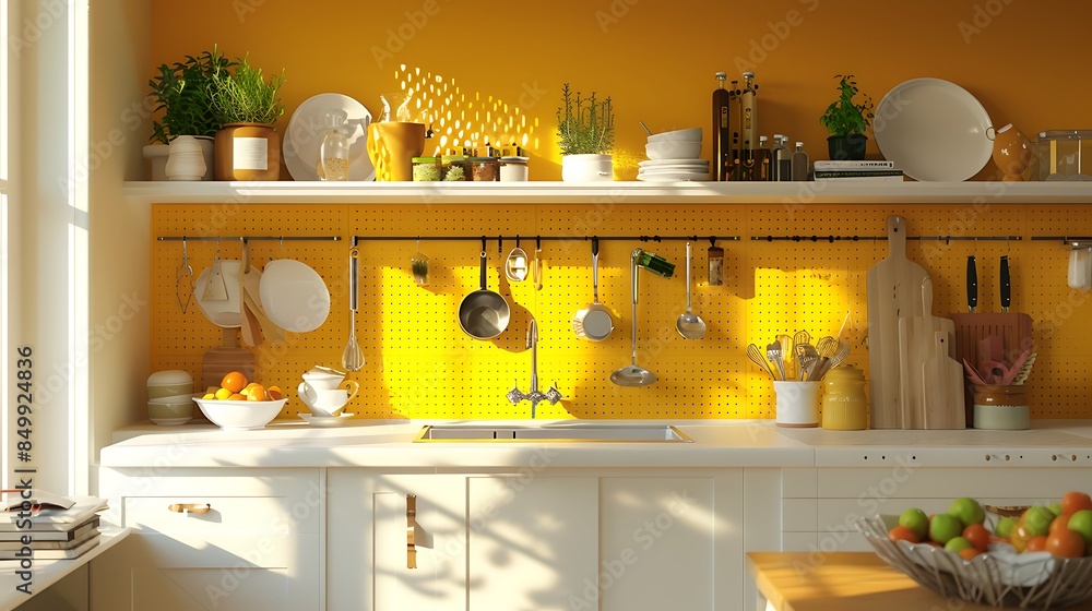 Elegant kitchen setup with white counters, efficient peg boards, and a ...