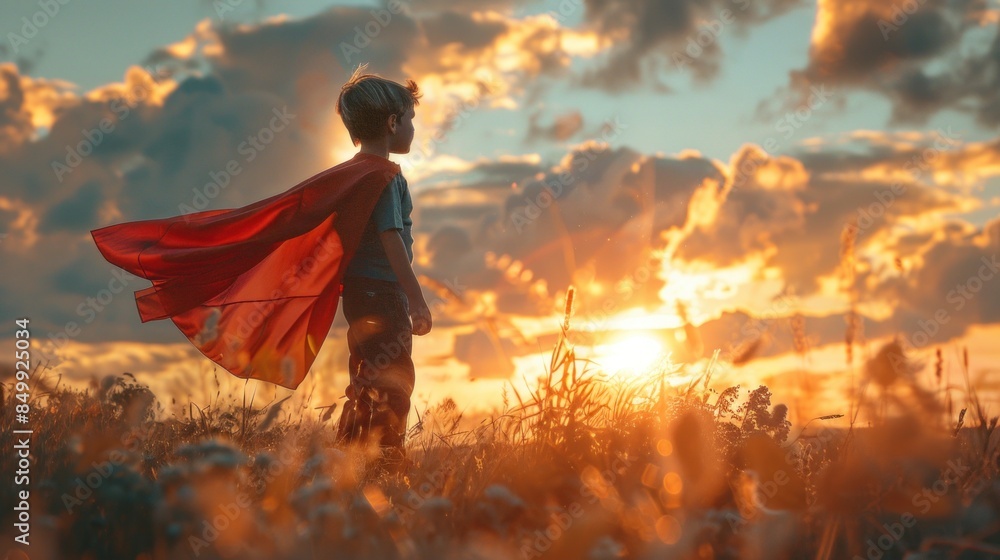A young boy wears a red shawl and dresses up as an imaginary superhero ...