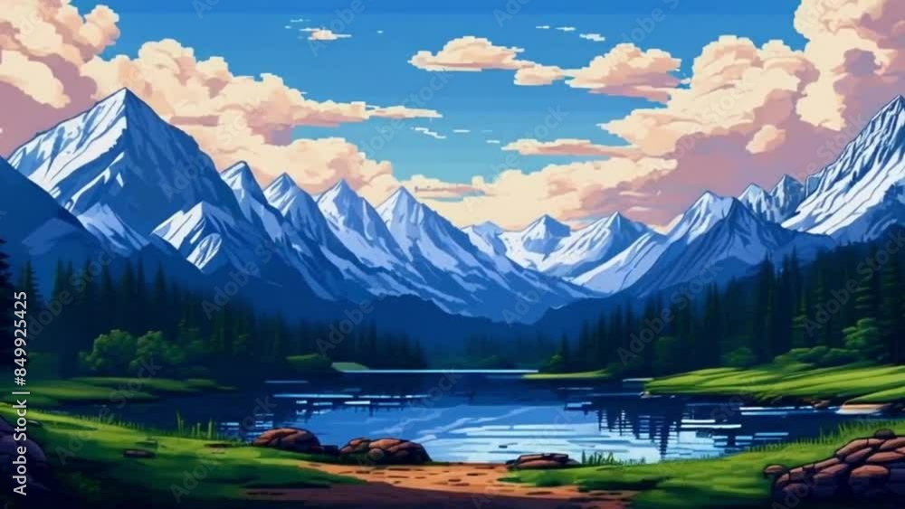 Video game background landscape with mountains and forests in 16 bit pixels. Retro video arcade ...