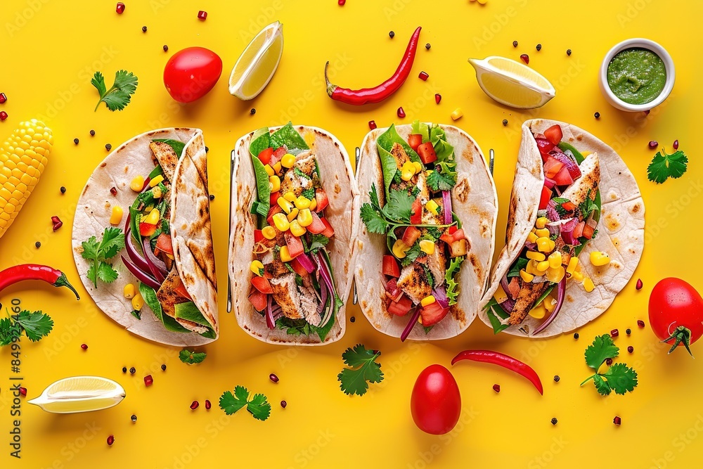 Colorful tacos with chicken, vegetables and corn on yellow background ...