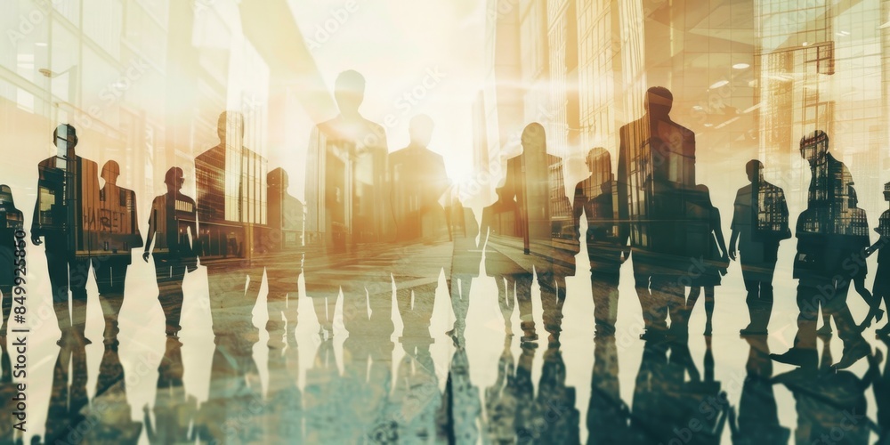 Double exposure image of many business people having group meeting in ...