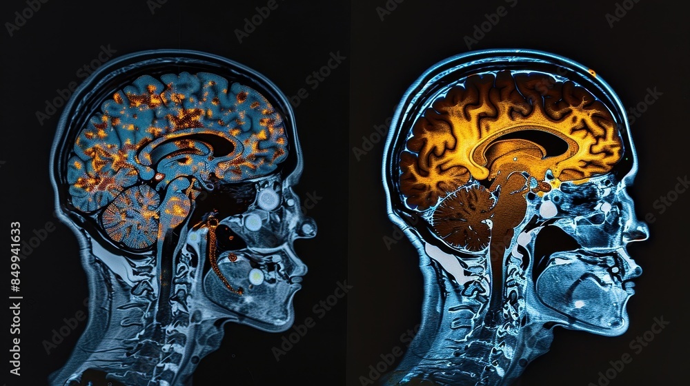 Two brains, one blue and one red, with a pinkish purple color. The blue ...