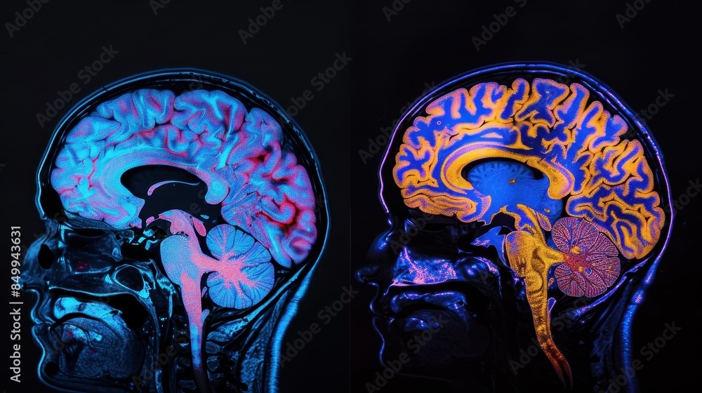 Two brains, one blue and one red, with a pinkish purple color. The blue ...