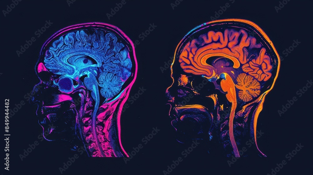 Two brains, one blue and one red, with a pinkish purple color. The blue ...
