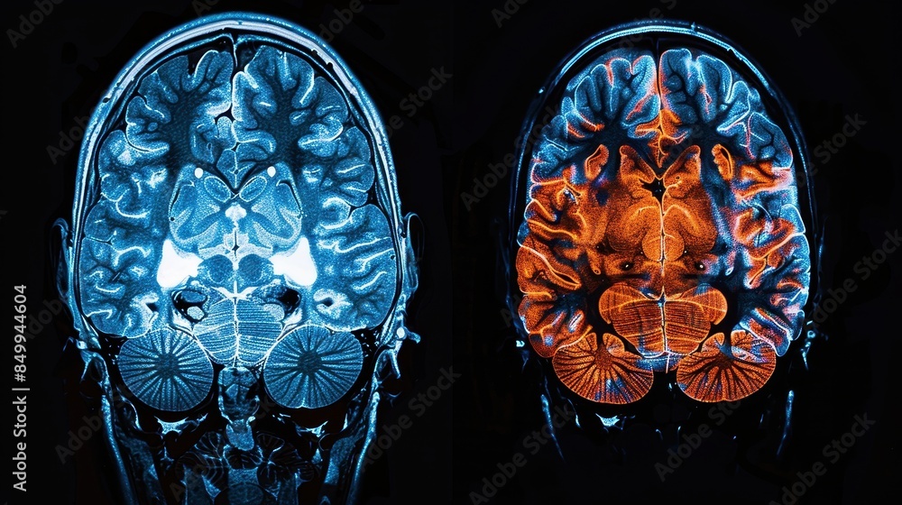 Two brains, one blue and one red, with a pinkish purple color. The blue ...