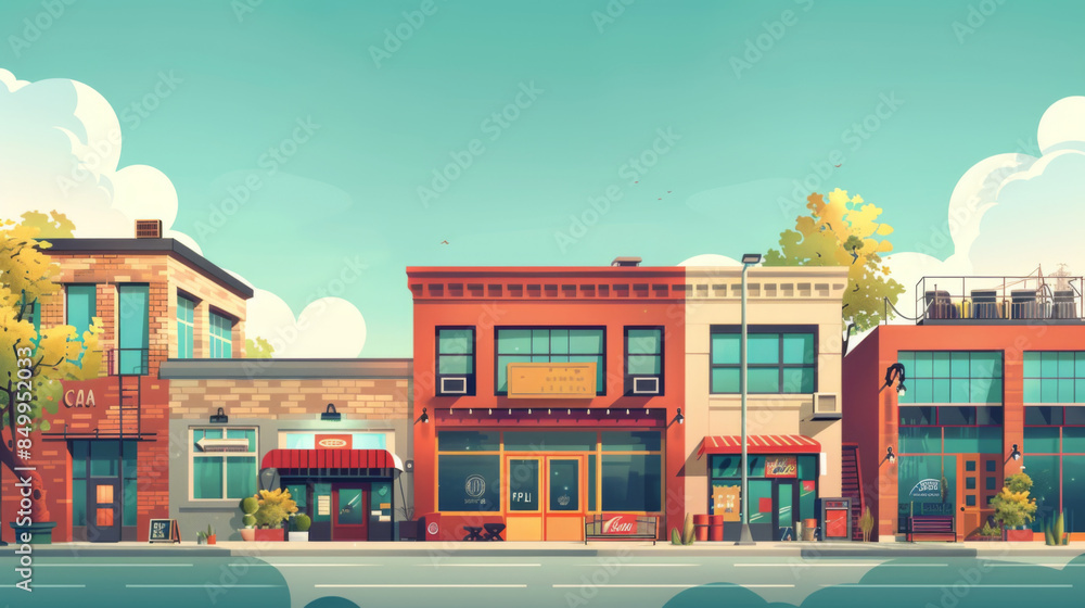 Charming illustration of colorful storefronts on a small town main ...