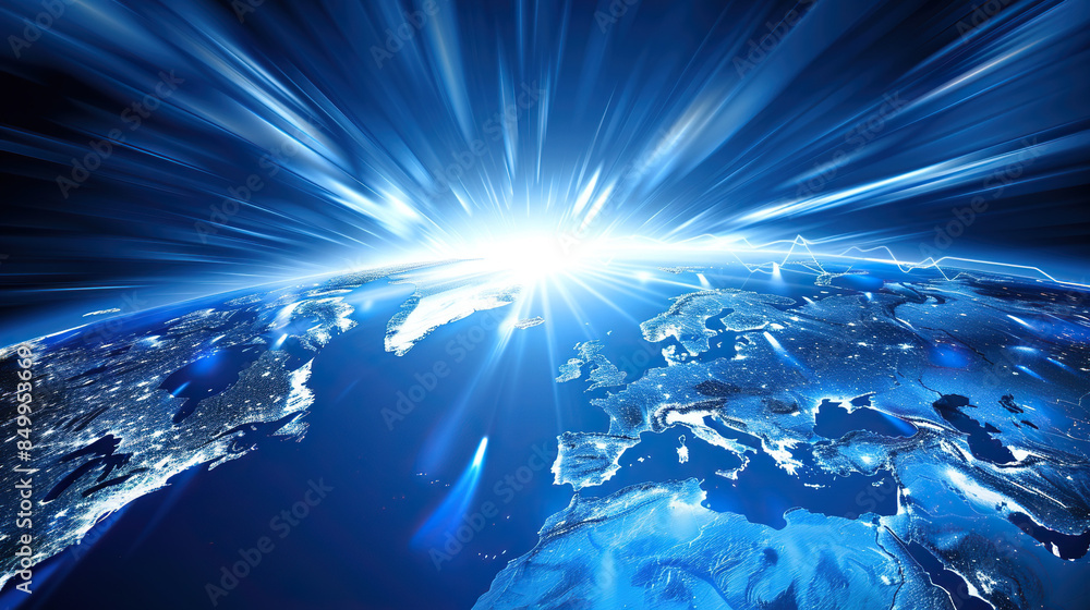 I imagine an image of a blue planet Earth in space, surrounded by the ...