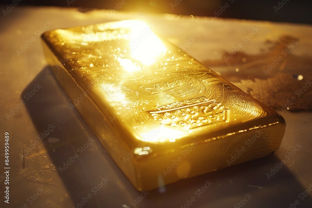 Gold bar under bright light, detailed inspection, front view, focusing ...
