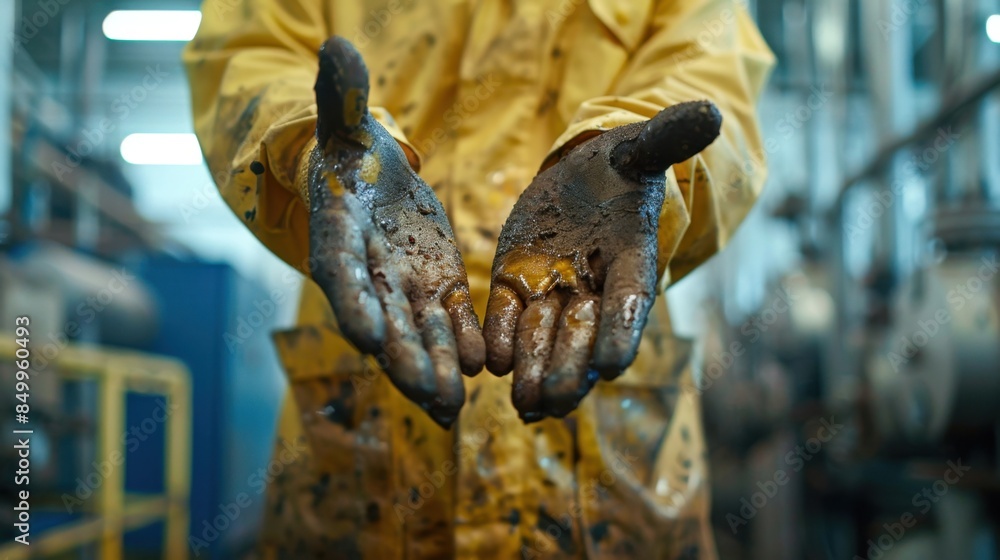 A factory worker with chemical burns on their hands, captured in a ...