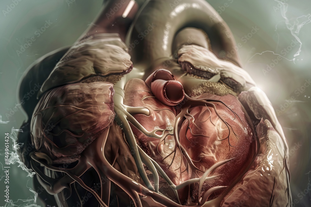 Medical illustration of a heart with a leaking valve, detailed anatomy ...