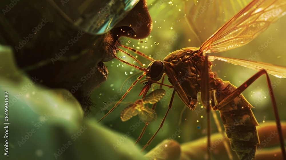 A field worker being bitten by an insect carrying parasites, with ...