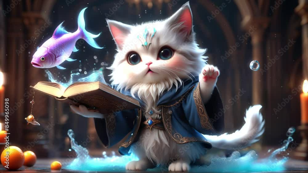 A cute white cat wearing a blue wizard cloak is holding an open book ...