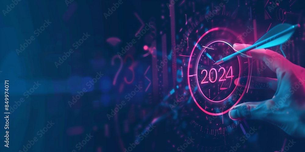 Hand holding target with text "2024" on virtual screen and arrow ...