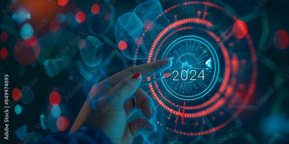 Hand holding target with text "2024" on virtual screen and arrow ...