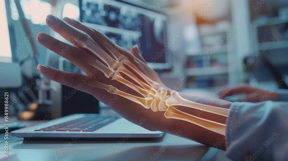 An office worker experiencing wrist pain from typing, shown with an x ...