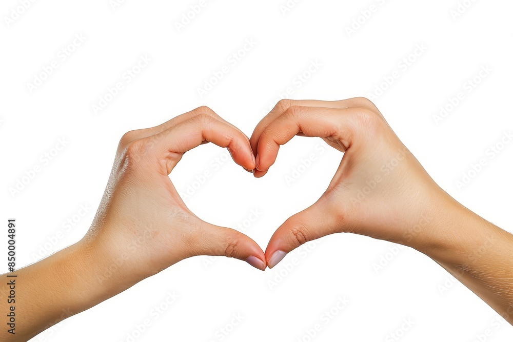 Woman hand shows heart shape isolated on white background, with ...