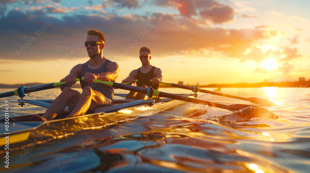 Open water rowing competition. An active lifestyle. Two happy men are ...