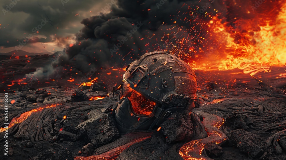 A weathered military helmet amidst a cataclysmic volcanic eruption ...