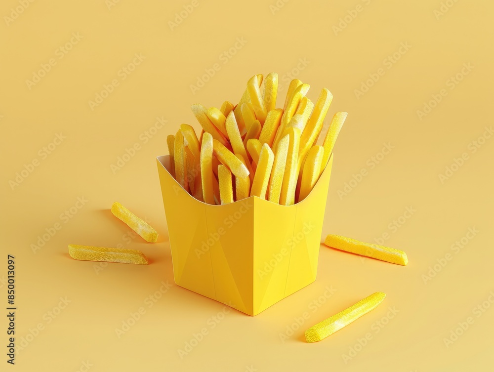 Bright yellow box of french fries against a matching yellow background ...