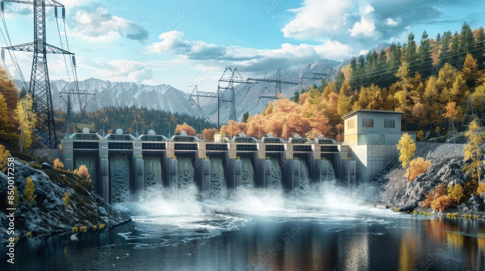 Illustrate a hydroelectric power plant feeding electricity into a high ...