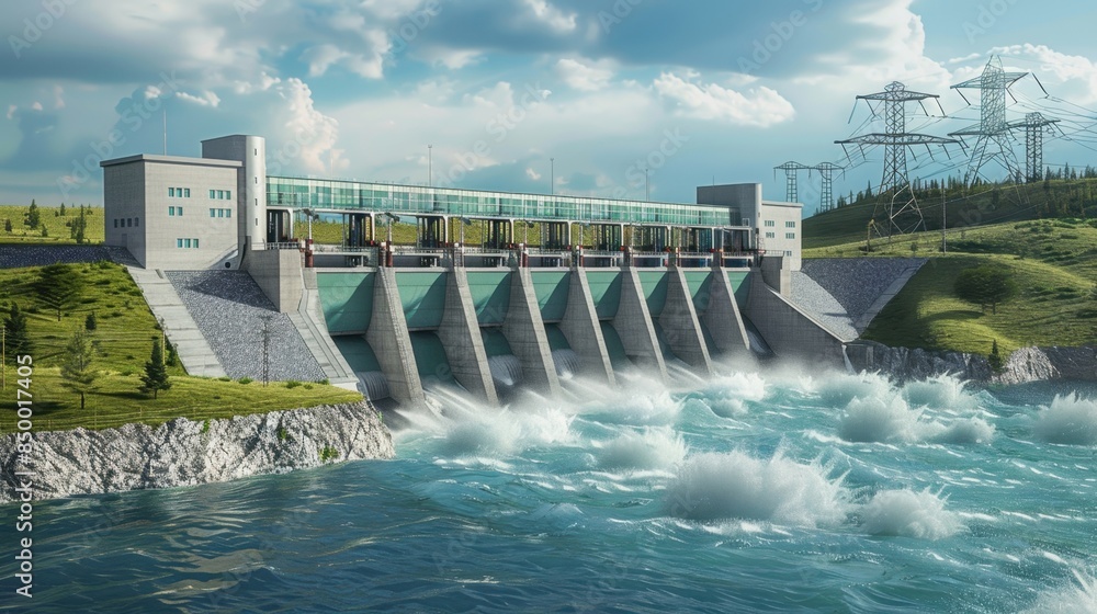 Illustrate a hydroelectric power plant feeding electricity into a high ...