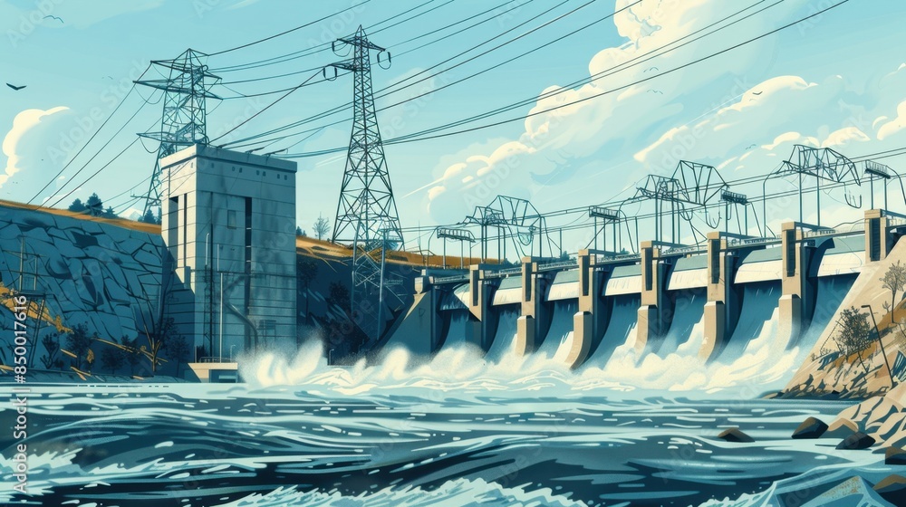 Illustrate a hydroelectric power plant feeding electricity into a high ...