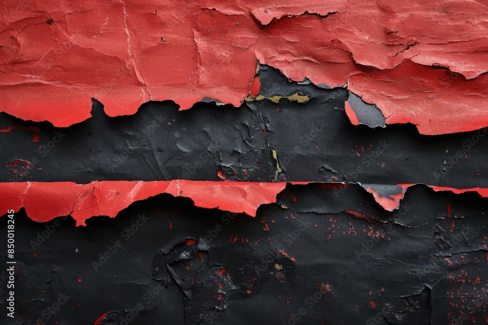 Red and black torn and peeling gloss paper posters with traces of glue ...