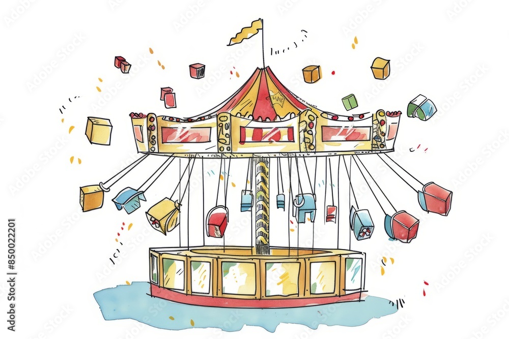 Cartoon cute doodles of a carousel with seats shaped like revolving ...