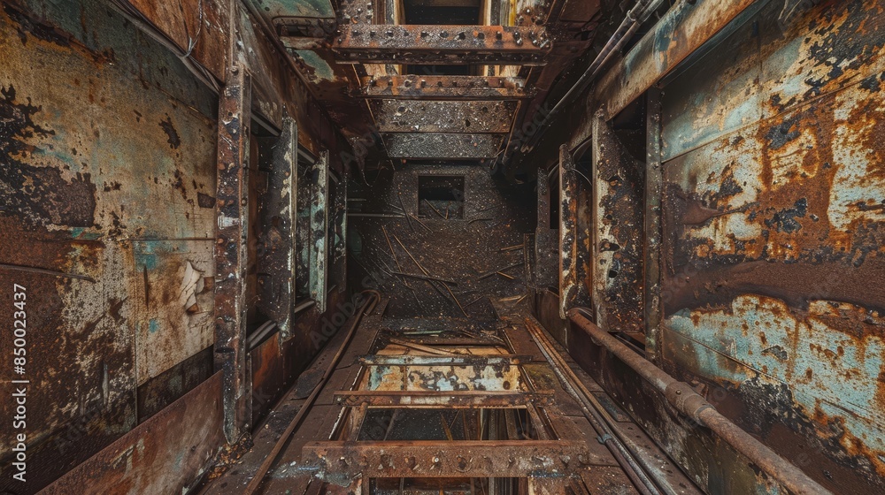 Ancient, rusted elevator shaft in an abandoned building, with crumbling ...