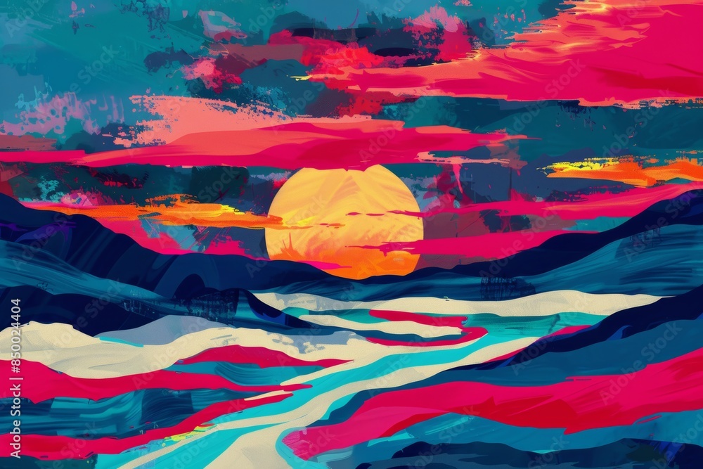 Dramatic abstract landscape with swirling colors and a vivid sunset ...