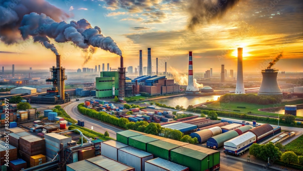 A sprawling industrial complex with smokestacks, cargo ships, and semi ...